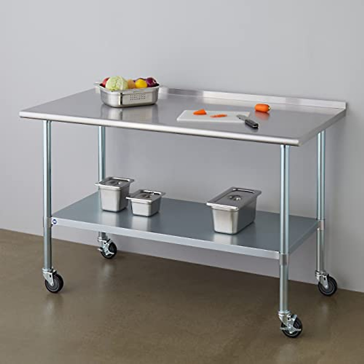 Stainless Steel Table for Prep & Work with Caster & Backsplash 30x60 Inches, NSF Metal Commercial Kitchen Heavy Duty Table with Adjustable Under Shelf and Table Foot for Restaurant, Home and Hotel