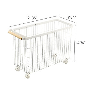 Yamazaki Home Tosca Compact Rolling Laundry Basket Cart - Metal Hamper With Wheels And Handle For Easy Mobility - Space-Saving Storage Solution, 15" - Steel + Wood - 9.2 Gallons, 35L