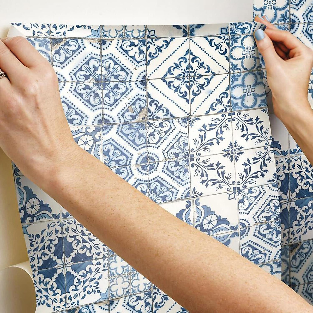 RoomMates RMK11083WP Blue Mediterranian Tile Peel and Stick Wallpaper 20.5" x 16.5 feet