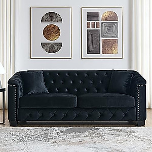 EMKK 77" Chesterfield Velvet Sofa, 3-Seater Upholstered Couches Tufted Backrests with Nailhead Arms and 2 Cushions for Living Room, Bedroom, Apartment, Office, G-Black