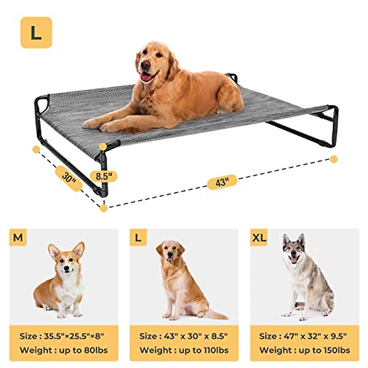 Veehoo Original Cooling Elevated Dog Bed, Outdoor Raised Dog Cots Bed for Large Dogs, Chew Proof Standing Pet Bed with Washable Breathable Mesh, No-Slip Feet for Indoor Outdoor, Large, Black Silver