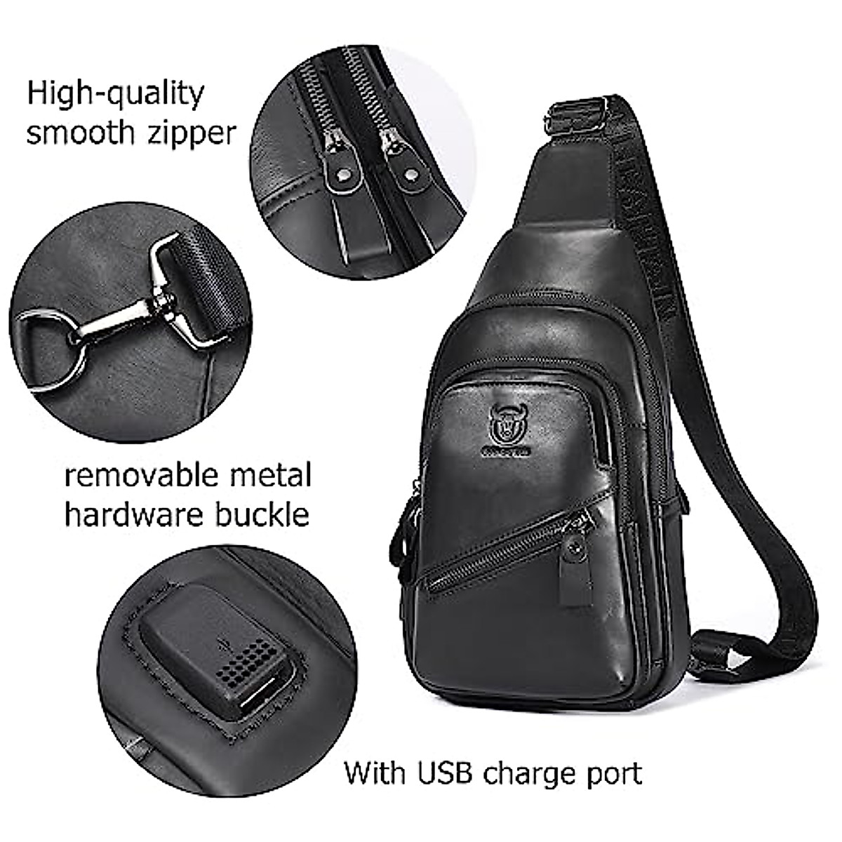 BULLCAPTAIN Leather Sling Chest Bag for Men Outdoor Hiking Travel Crossbody Bag Backpack with USB Charging Port (Black)