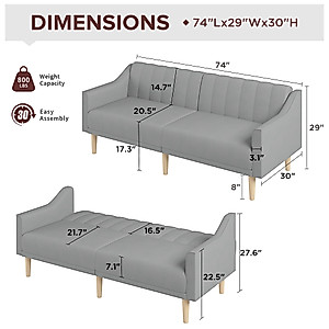 ZeeFu Convertible Futon Sofa Bed,74" Modern Grey Velvet Convertible Folding Sleeper Sofa Bed with Adjustable Backrest,Upholstered Reclining Futon Sofa Couch for Living Room Bedroom Office Apartments