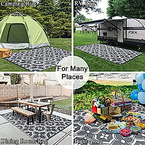 Vaukki Reversible Rug, Plastic Straw Outdoor Mat Fade Resistant Plastic Outdoor Patio Mat, Lightweight Ocean Area Carpet for Patio, RV, Camping, Deck, Backyard and Picnic (Grey and White, 4'x6')