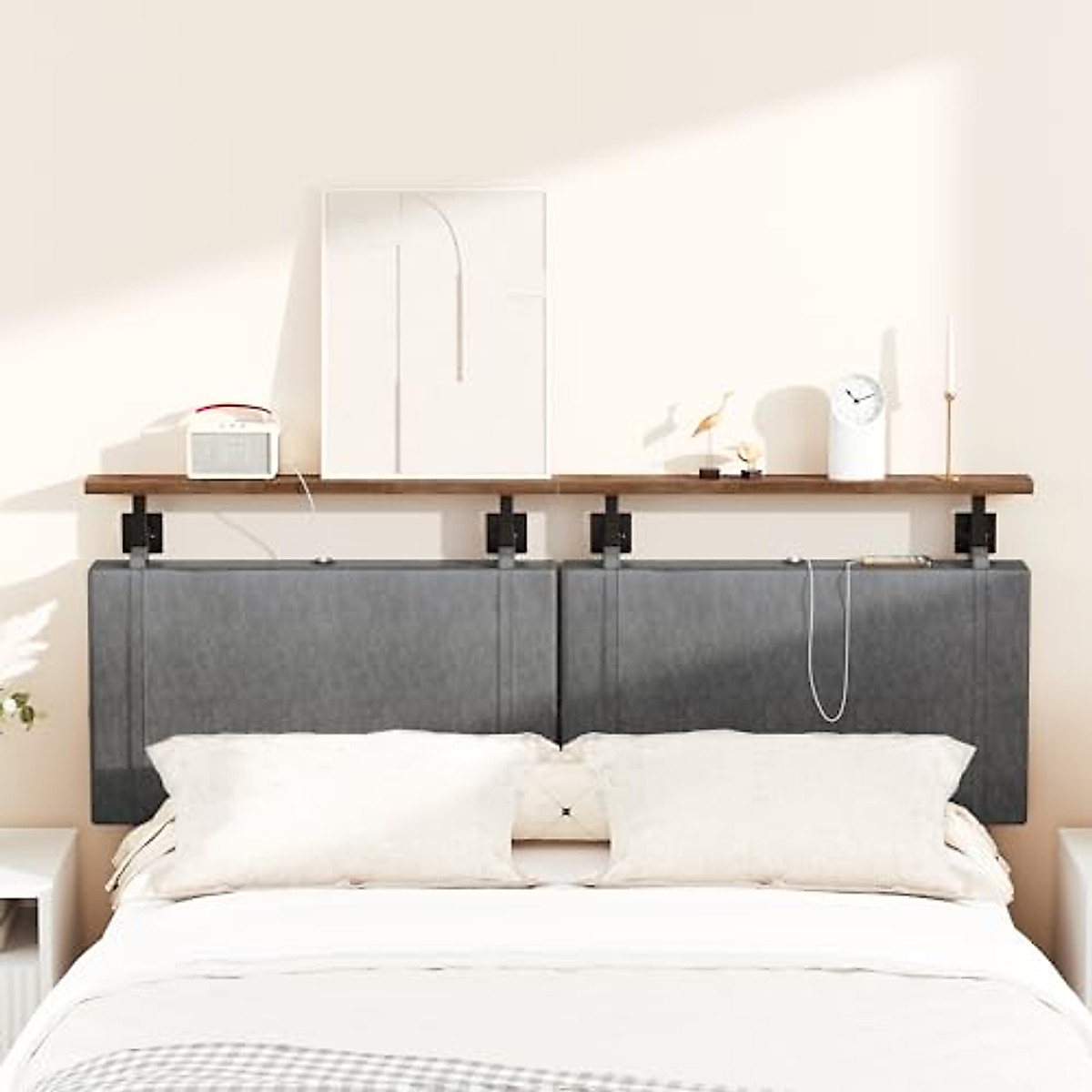 HOOBRO Queen Size Headboard, Wall Mount Hanging Headboard with 4 USB Ports and LED Light, PU Upholstery, Open Storage Shelf, for Bedroom, Bar, Dining or Entryway, Rustic Brown and Gray