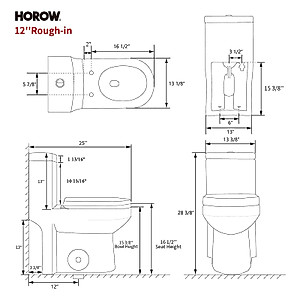 HOROW HWMT-8733 Small Compact One Piece Toilet For Bathroom, Powerful & Quiet Dual Flush Modern Toilet, 12'' Rough-In Toilet & Soft Closing Seat Include, 25"D x 13.4"W x 28.4"H, White