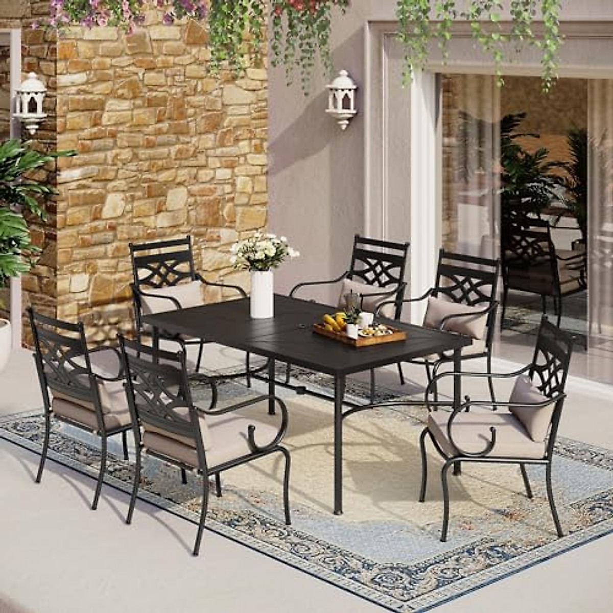 MFSTUDIO 7 Pieces Outdoor Patio Dining Set for 6, Steel Frame Slat Larger Rectangular Fretwork Table with 1.7" Umbrella Hole and 6 Metal Mesh Chairs for Backyard, Garden, Lawn