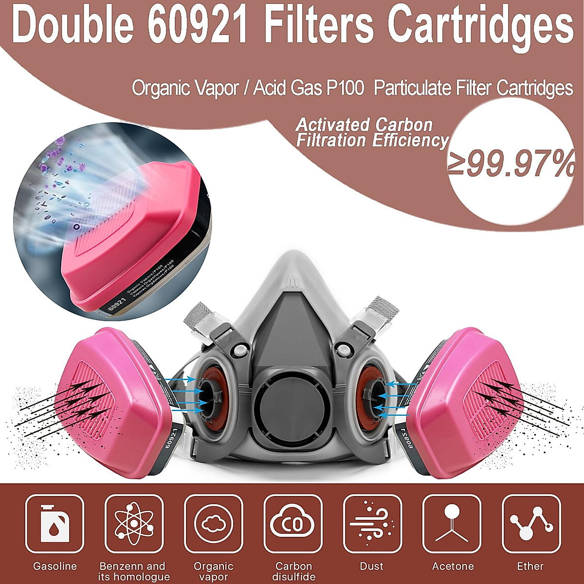 RANKSING Respirator Mask with 60921 Filters to Protect Against Dust, Gases, Fumes, Asbestos, Organic Vapors, Chemicals while Painting, Spraying, Sanding, Welding, Construct and Other Work PPE