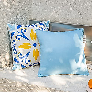 cygnus Outdoor Pillow Covers 18x18 Waterproof Patio Pillows Boho Flower and Colorful Stripe Summer Outside Pillows for Funiture Garden Picnic Set of 4,Blue and Yellow