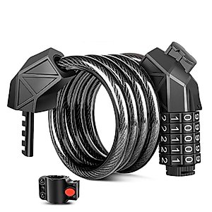 Bike Lock Cable, Anti Theft Bicycle Lock Chain, Bike Combination Lock 5 Digit Security Resettable Self Coiling Combination Cable Combo Bike Locks with Mounting Bracket, 4 Feet x 1/2 Inch (Black)
