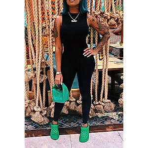 PRETTYGARDEN Women's Summer Bodycon Jumpsuits Casual Sleeveless One Piece Stretchy Tank Slim Fit Romper (Pants Black,Medium)