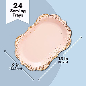 24-Pack Pink Disposable Serving Trays, Gold Foil Polka Dotted Party Platters for Wedding, Birthday, Tea Party, Brunch Decorations, Table Centerpiece, Home Decor (9x13 in)