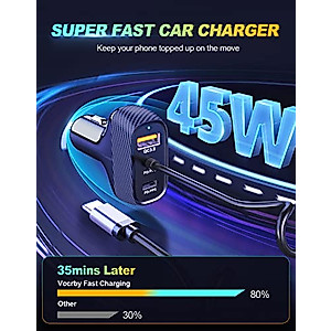 USB C Car Charger, Vocrby 45W Fast Car Charger adapter PD&QC3.0&PPS 3-Port Type C Car Charger with 5.25FT Coiled Cable, Car Charger Compatible with Samsung Galaxy S23 22/Google Pixel/iPhone/LG/Android
