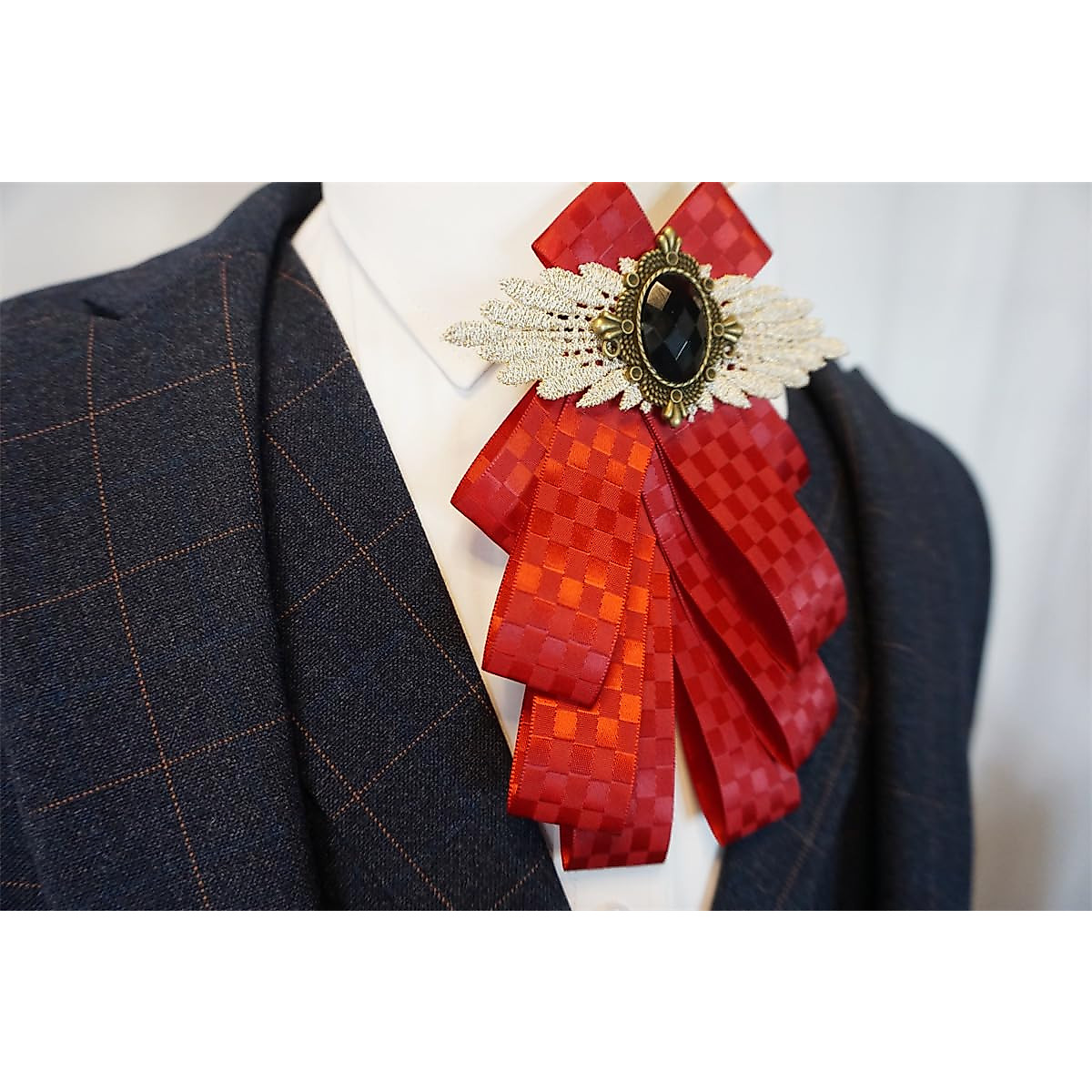 rhinestone brooch Red Bow tie brooch for women men Retro Brooch pins carvat rhinestone broach ribbon fabric collar bow brooch necklace for suits (red)