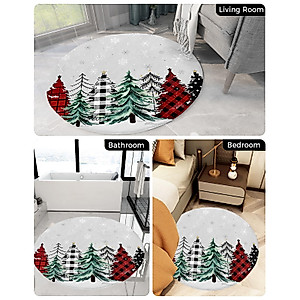 Christmas Fluffy Round Area Rug Carpets 3ft, Plush Shaggy Carpet Soft Circular Rugs, Non-Slip Fuzzy Accent Floor Mat for Living Room Bedroom Nursery Home Decor Plaid Pine Tree Red Green Dots Grey