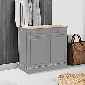Anbuy Double Kitchen Trash Cabinets Dual Tilt Out Trash Cabinet with Two Solid Wood Hideaway Trash Holder Drawers, Free Standing Recycling Cabinet Trash Can Holder (Dual Gray)