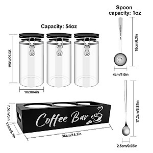 MACIFECI Glass Coffee Containers with Shelf Coffee Station Organizer 54oz Black Glass Coffee Bean Storage Canister with Spoon Coffee Canister Set Kitchen Food Storage Jars for Coffee, Sugar, Candy