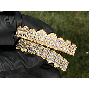 14k Iced Baguette Set 8 Teeth Joker Gold Grillz for Mouth Top Bottom Hip Hop Teeth Grills for Teeth Mouth Grillz for Mouth Top Bottom (Gold)