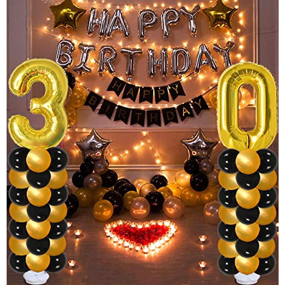 30th Birthday Decorations for Him Men,Cheers to 30 Years Tall 30 Birthday Balloons Column for 30th Party Decorations and 30th Wedding Anniversary Decorations (Black & Gold)