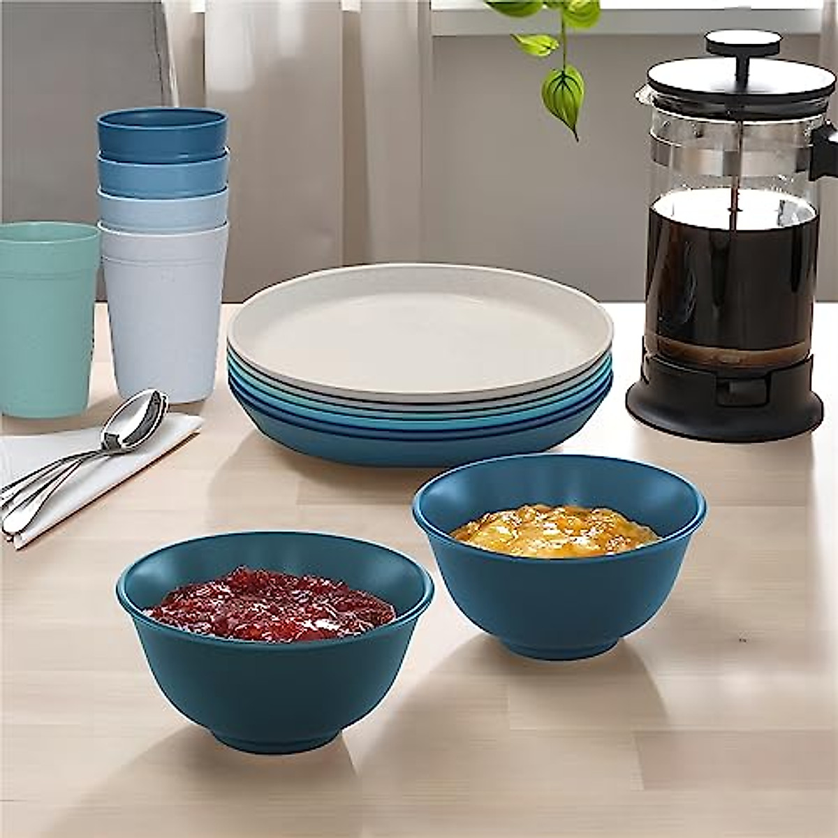 18-Piece Plates and Bowls Cups Set Wheat Straw Microwave Safe Plastic Dinnerware Set for Pasta,Cereal, Salad,Side Dishes,Kitchen, Camping, RV