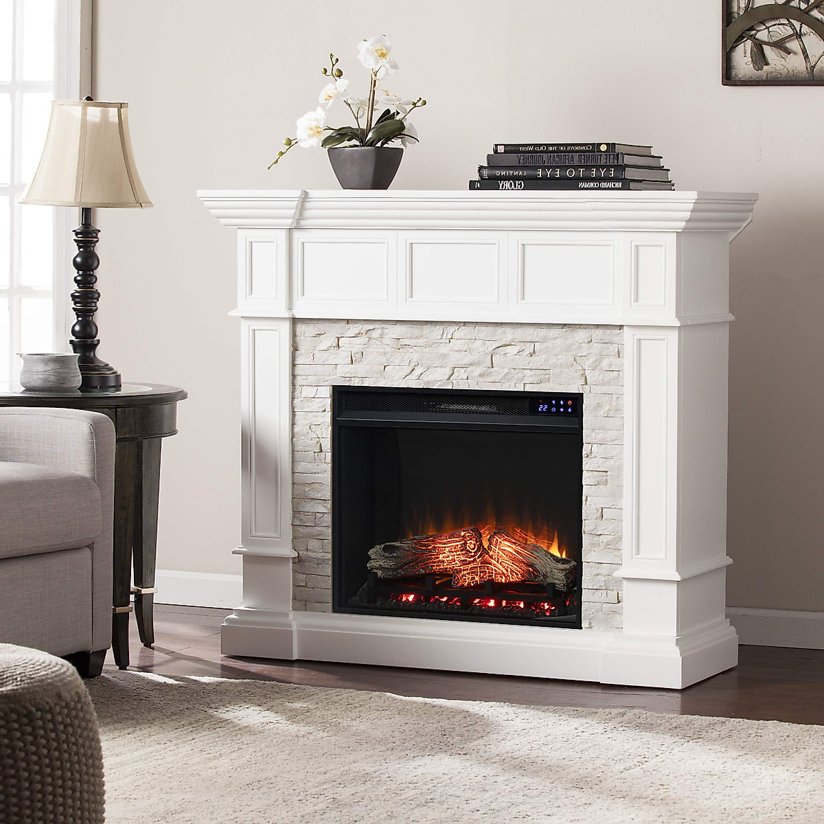 SEI Furniture Merrimack Faux Stone Corner Convertible Electric Fireplace, New Fresh White