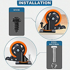 4 Inch Caster Wheels with Brake 2200lbs, Casters Set of 4, Heavy Duty Casters,Industrial Polyurethane Casters with Double Ball Bearings, Top Plate Swivel Castors Wheels for Furniture,Workbench,Cabinet