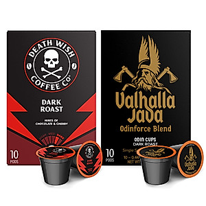 Death Wish Coffee Co. Pods - Extra Kick of Caffeine & Valhalla Java Odinforce Blend Single-Serve Coffee Pods - Made with USDA Certified Organic - Fair Trade - Arabica & Robusta Beans (20 Count)