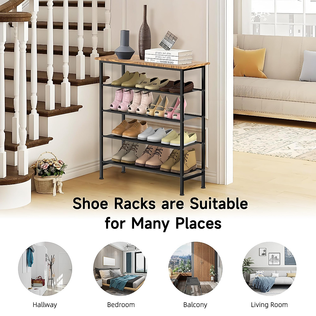 isightguard Shoe Rack Organizer, 5 Tier Shoe Storage Rack, Shoe Shelf Holds 16-20 Pairs of Shoes, Shoe Tower for Closet Entryway, Free Standing Shoe Racks with Sturdy Wooden Top Panel and Steel Frame