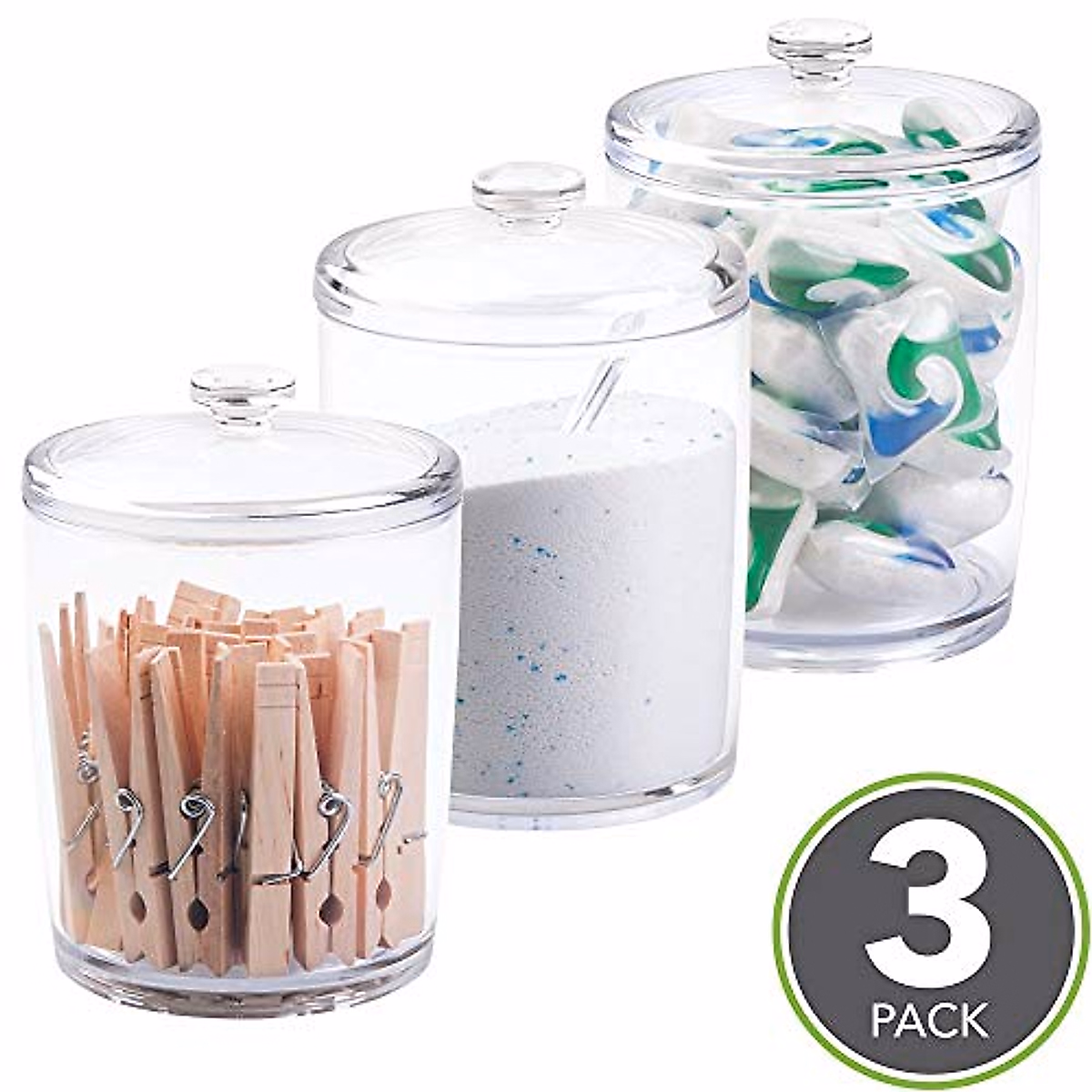 mDesign Plastic Laundry Shelf Storage Organizer Jar Holder Set for Laundry Room Storage - Holds Detergent Powder, Pods, Clothes Pins, Dryer Sheets, Scent Boosters - 3 Pack - Clear