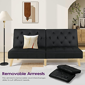 TYBOATLE 65“ Sofa Bed w/ 2 USB,Convertible Futon Tufted Small Adjustable Folding Couch Loveseat, Modern Mid Century Faux Leather Sleeper Sofa for Living Room,Bedroom,Apartment,Office (Black) (Black)
