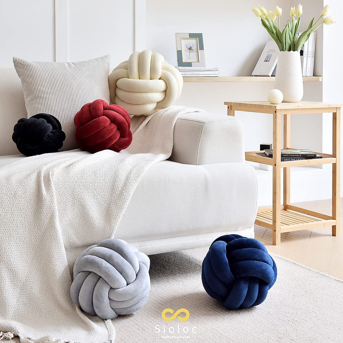 Sioloc Soft Knot Ball Pillows,Round Throw Pillow Cushion Home Decoration Plush Pillow,Throw Knotted Pillow Handmade Round Plush Pillow（10.6inches,Black）