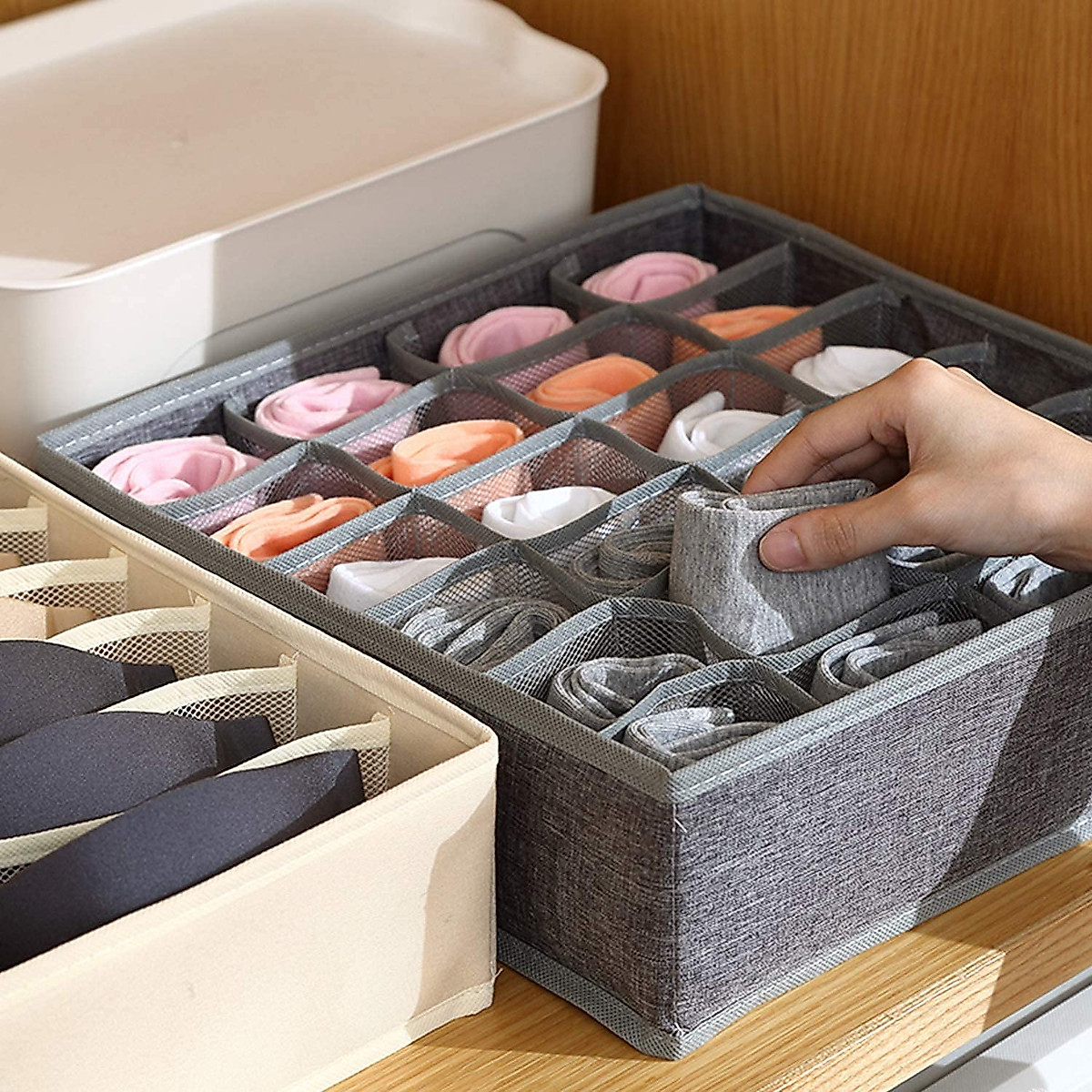 STYLIFING Bra Socks Underwear Organizer 3 Pack, Foldable Closet Organizer Drawer Soft Fabric Dresser Drawer Divider Bins for Bra Underwear Socks Ties Lingerie(Gray)