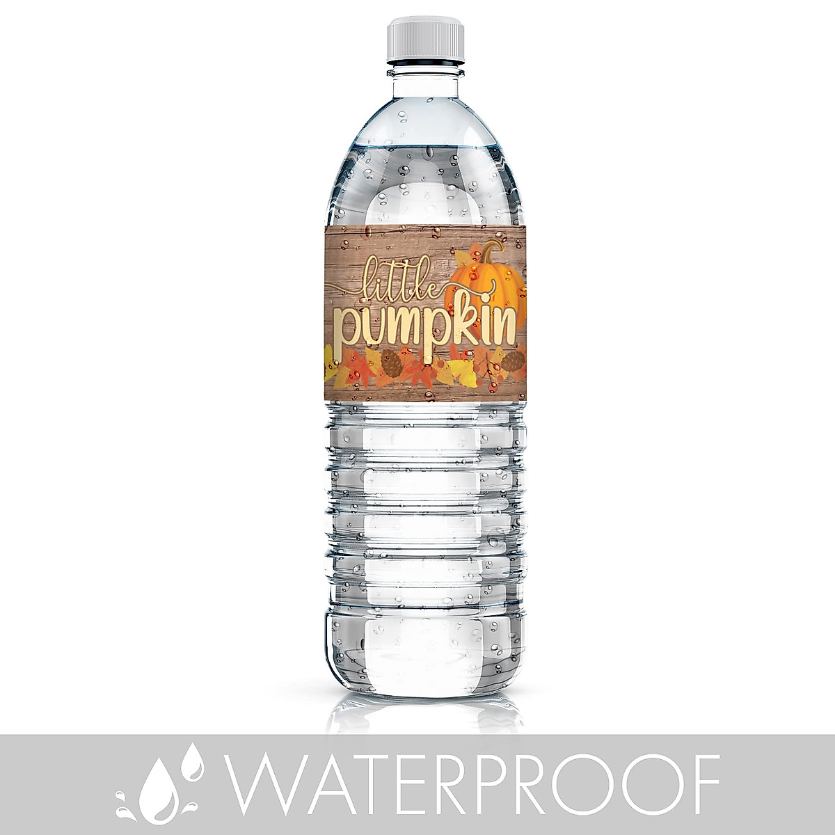 Rustic Fall Little Pumpkin Baby Shower Water Bottle Labels - Autumn Unisex Themed Waterproof Bottle Wrappers - 24 Count