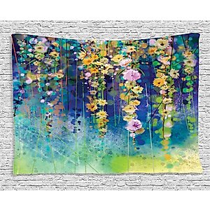 Ambesonne Watercolor Flower Tapestry, Vines Flowers in Soft Colors Summer Garden Watercolor Artwork, Wide Wall Hanging for Bedroom Living Room Dorm, 60" X 40", Mustard Indigo