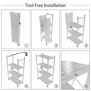 Yuanjimi 4 Tier Foldable Storage Shelf with Wheels, Heavy Duty Garage Shelving Unit Loads 600 LBS, Metal Steel Collapsible Shelves, Rolling Standing Utility Rack for Kitchen, Pantry, Office, Dark Grey