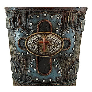 Ebros Gift Rustic Western Old World Country Blue Cross with Concho and Nailheads in Faux Distressed Wood Finish with Floral Patterns (Dry Waste Basket Trash Bin)