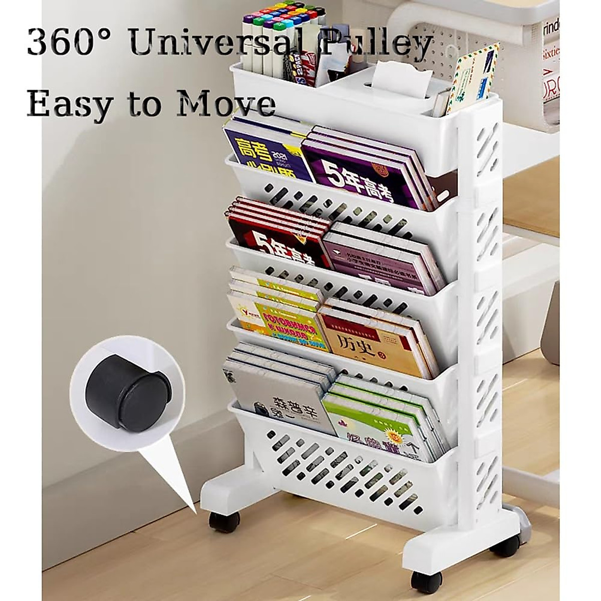 Mobile Bookshelf with Wheels,Moveable Bookshelf Organizer,Multilayer Capacity for Home 6 Tier Rolling Book Cart for Office & Classroom