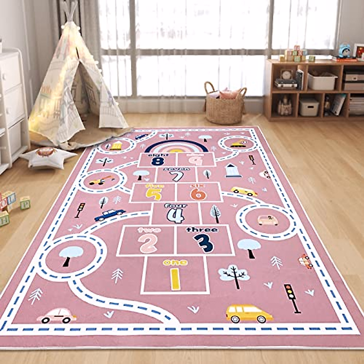 Abeigoi Hopscotch Car Rug 4x6Ft Kids Play Rug Mat Pink Bedroom Playroom Carpet for Girls Boys Nonslip Classroom Rug Children Numbers Educational Throw Area Rugs for Girls Room Decor