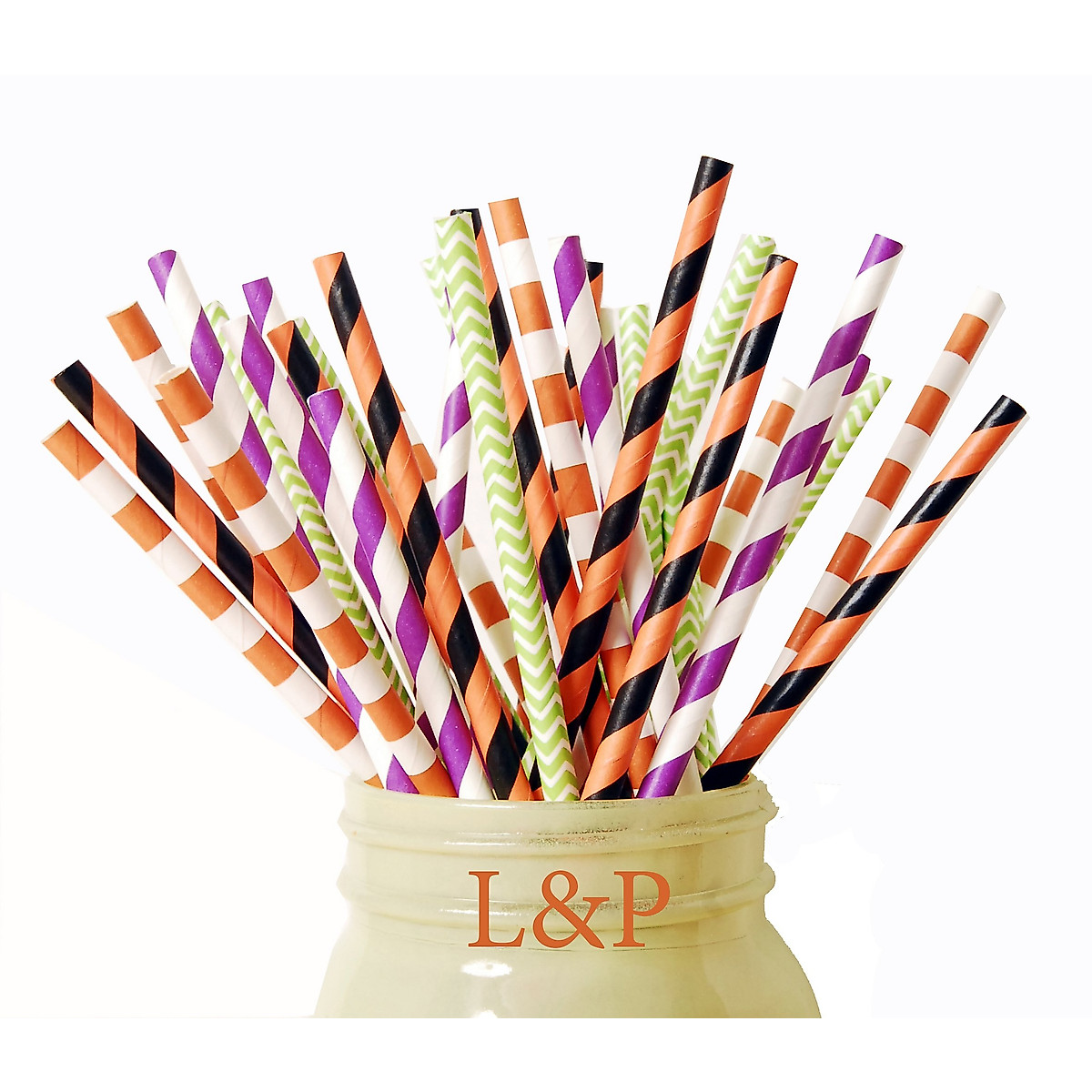Charmed Halloween orange, black purple and green paper straw pack of 100