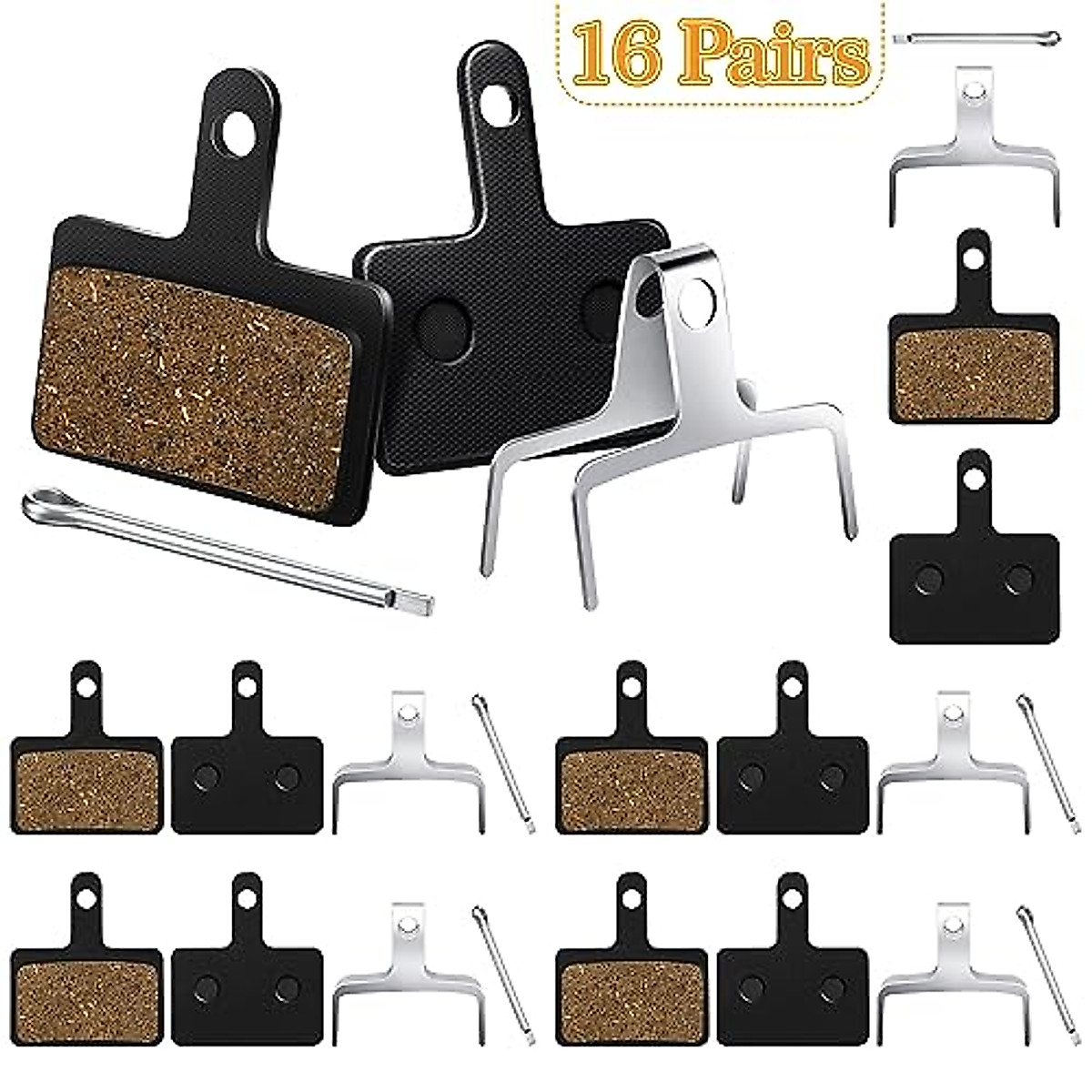 BBTO 16 Pairs Bike Brake Pads Disc Brake Pads with Installation Tools Bicycle Brake Pads for Ebike Mountain Bike (Resin Semi Metallic)