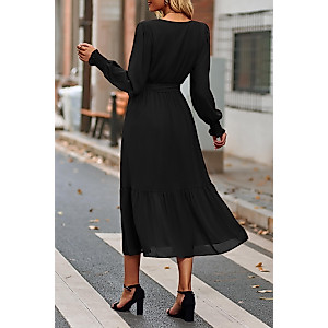 PRETTYGARDEN Women's Floral Print Boho Dress Long Sleeve Wrap V Neck Ruffle Belted A-Line Flowy Maxi Dresses (Solid Black,Large)