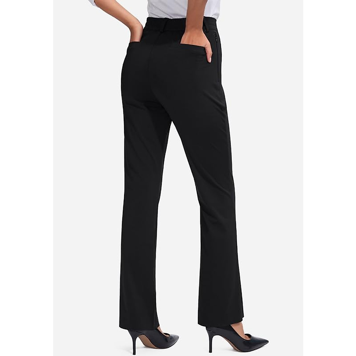 Rammus Womens Straight Leg Casual Pants with Zipper Pockets Stretch Dress Work Pants for Women Business Office Slacks Black