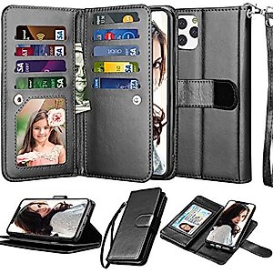 NJJEX Wallet Case for iPhone 11 PRO Max 2019, for iPhone 11 PRO Max Case (6.5"), [9 Card Slots] PU Leather ID Credit Holder Folio Flip [Detachable] Kickstand Magnetic Phone Cover & Lanyard - Black