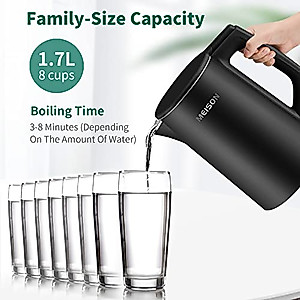 MEISON Electric Kettle, 1.7 L Double Wall Food Grade Stainless Steel Interior Water Boiler, Coffee Pot & Tea Kettle, Auto Shut-Off and Boil-Dry Protection, 1200W, 2 Year Warranty(Black)