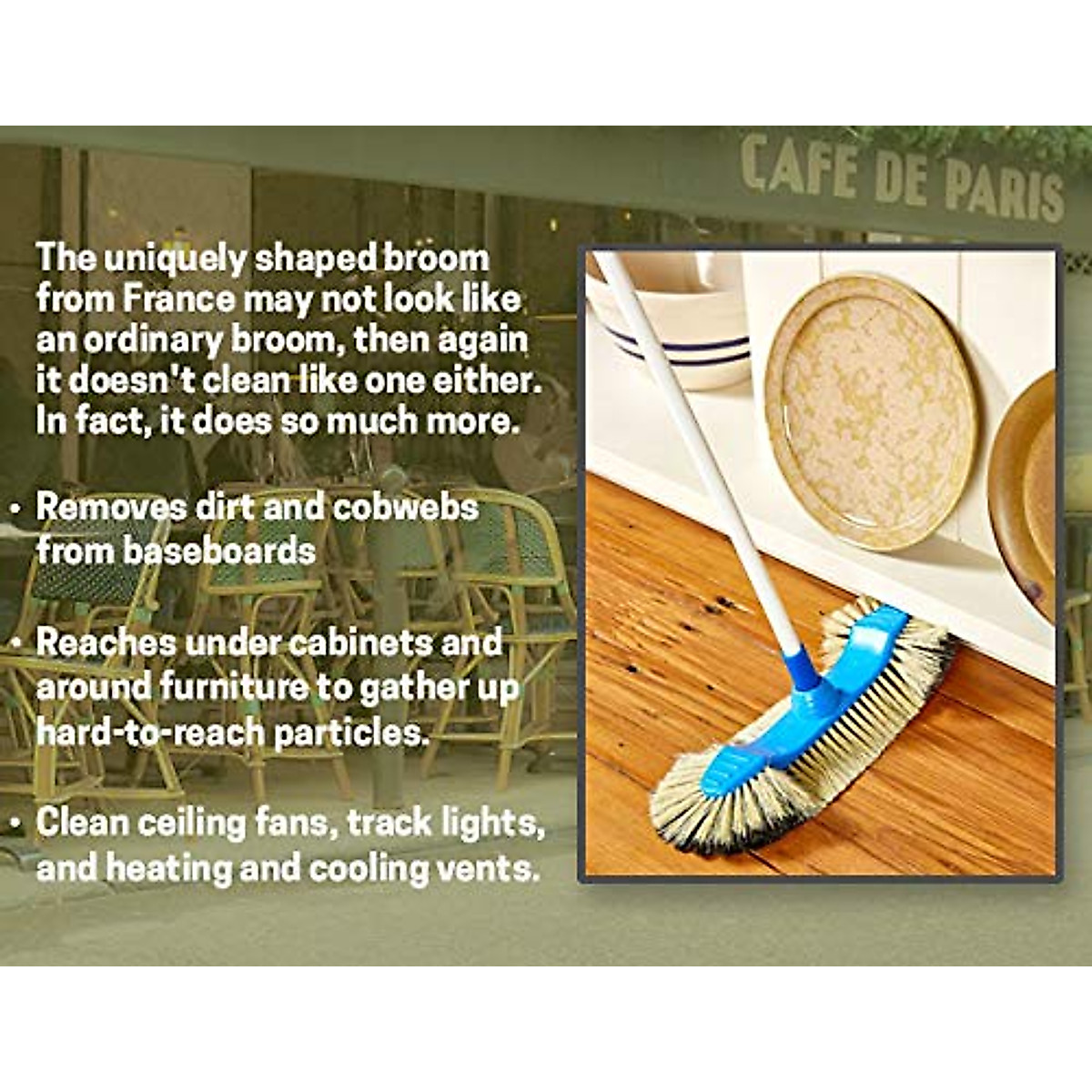 Euro Café Broom - European-Style Sweeper for Hardwood Floors, Linoleum and Vinyl, Ideal for Home, Kitchen, and Office