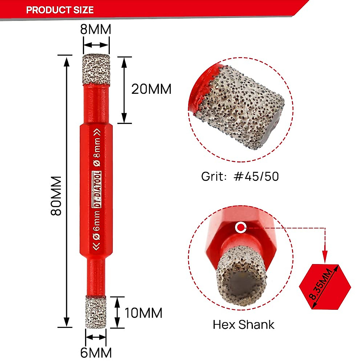 Diamond Tile Drill Bit Set,DT-DIATOOL Porcelain Hole Saw with Hex Shank Double Ended 6-8mm 2pcs for Drilling Ceramic Marble Artificial Stone Granite