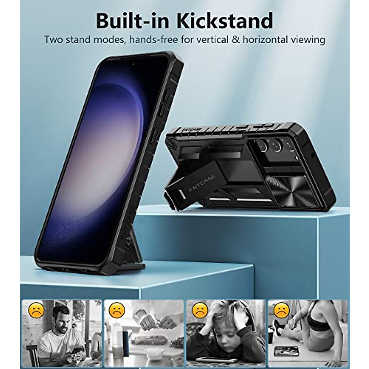 FNTCASE for Samsung Galaxy S23-Plus Case: Military Grade Shockproof Protection Case with Kickstand & Matte Textured Rugged TPU Shell | Drop Proof Protective Phone Cover for Galaxy S23+ Black