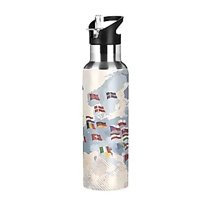 Kigai World Map Eu Country Flag Water Bottle, Outdoor Sports Bottle With Wide Mouth Straw Lid, Stainless Steel Double Wall Vacuum Insulated Flask for School Gym 20 oz