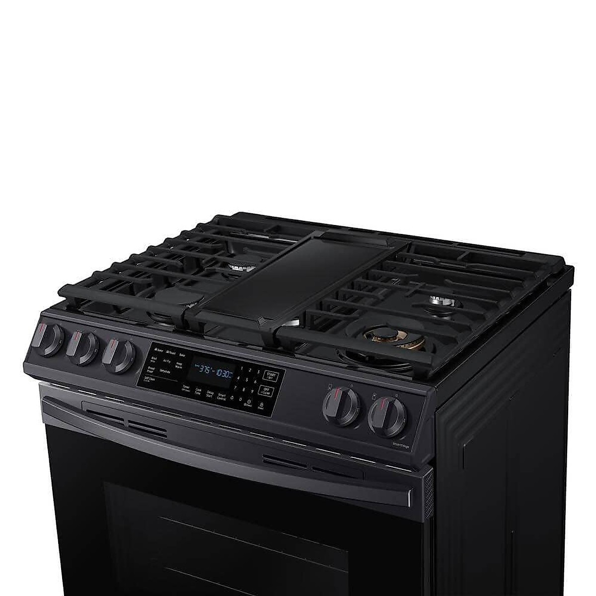 SAMSUNG 6.0 Cu Ft Smart Front Control Slide-In Gas Range Kitchen Stove w/ Air Fry, Convention+, Wi-Fi, Large Oven Capacity, NE60T8511SG/AA, Fingerprint Resistant Stainless Steel, Black