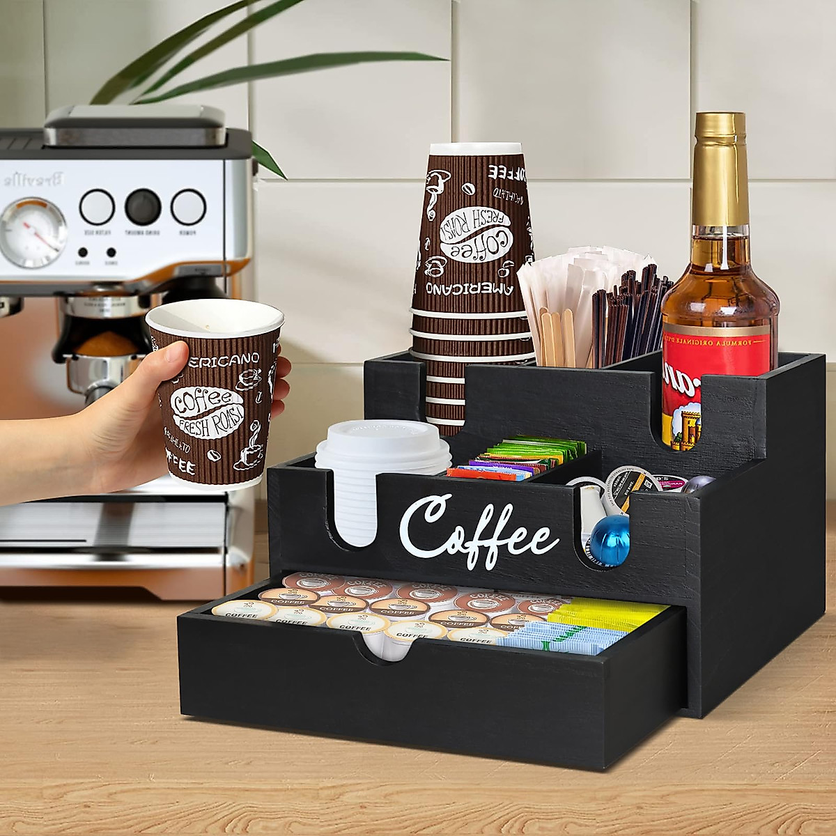 Disposable Coffee Cup Holder Dispenser with Drawer, 6 Compartments Coffee Bar Accessories Organizer for Cup Lid Sleeve Pods Syrup, Wood Coffee Station Organizer Paper Cup Dispenser